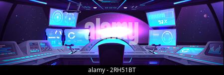 Spaceship cockpit interior with control panels and windows with view of ...