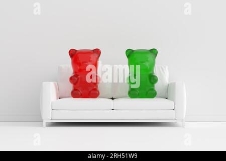 Green gummy bear sitting on a chair in the house interior with white ...