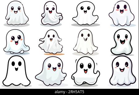 Creepy boo characters for kids. Set of cute cloth Ghosts with cartoon ...
