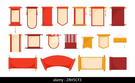 Cartoon parchment rolls, blank scrolls and royal paper banners. Open and convoluted antique ...