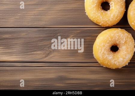 Overhead shot of colorful donuts arranged on a rustic backdrop, with ...