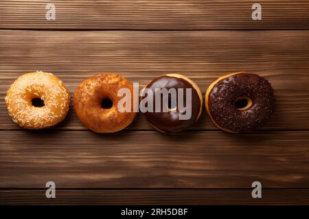 Overhead shot of colorful donuts arranged on a rustic backdrop, with ...