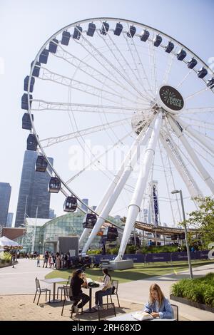 Navy Pier Centennial wheel with tourists around and a wide angle lens ...