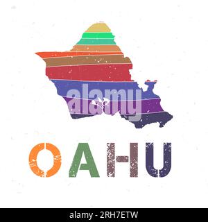 Oahu map. Map of the island with beautiful geometric waves in red and ...