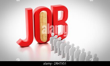 Stick figures waiting in the line leading to the job word with half ...