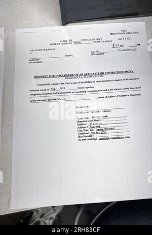 MARION, KANSAS - AUGUST 14, 2023Copies of the search warrant that was ...
