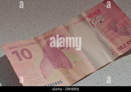 Detail of the 10 reais do Brasil banknote, a Brazilian currency ...