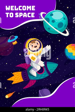 Welcome to space banner. Flying spaceship and UFO between galaxy ...