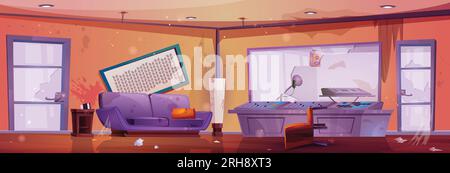 Broken down abandoned recording studio room. Smashed furniture and door ...