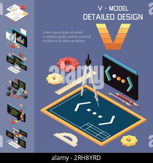 V model software development isometric composition with text captions ...