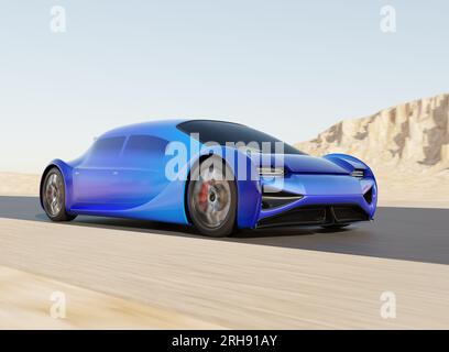 Futuristic Blue Electric Car driving on road with desert background ...
