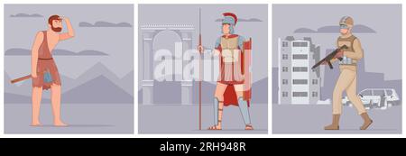 War evolution history set of flat isolated compositions with icons of ...