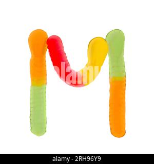 Letter V made of multicolored gummi worms and isolated on pure white ...