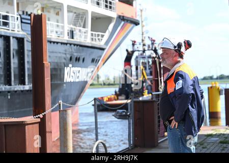 Lemwerder, Germany. 15th Aug, 2023. A view over the deck of the future ...