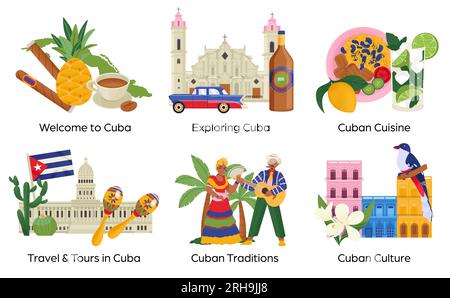 Cuba flat icons set of cuban symbols national dishes landmarks people ...