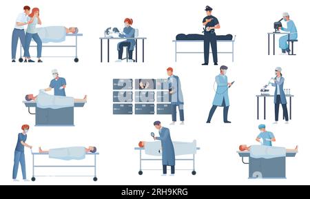 Morgue flat illustration with forensic pathologist performing autopsy ...