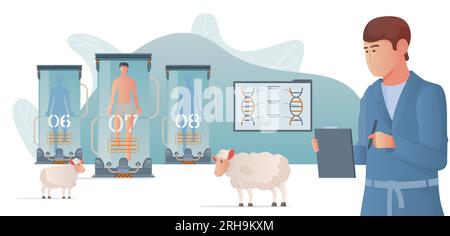 Cloning genetics flat composition with human body in chamber with set ...