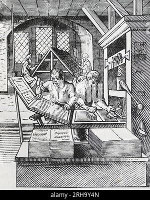 Printing press. 15th century. Engraving. Color Stock Photo - Alamy