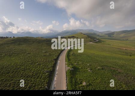 Aerial view above Transbucegi mountain road, in Romania Stock Photo - Alamy