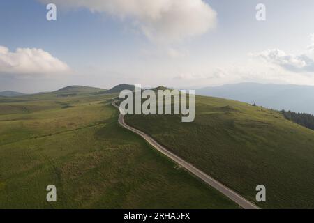 Aerial view above Transbucegi mountain road, in Romania Stock Photo - Alamy