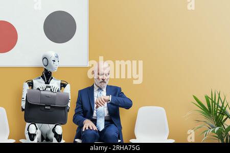 Man and AI robot waiting for a job interview: AI vs human competition Stock Photo - Alamy