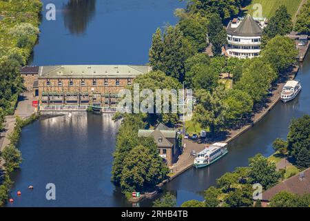 Aerial view, lock island, Kahlenberg hydroelectric power station, Ruhr ...