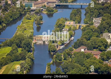 Aerial view, lock island, Kahlenberg hydroelectric power station, Ruhr ...