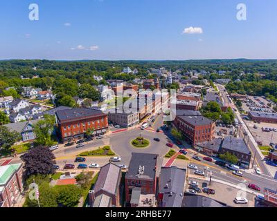 Hudson historic commercial buildings aerial view on Main Street in town ...