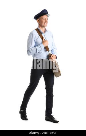 Mature postman with parcel on white background Stock Photo - Alamy