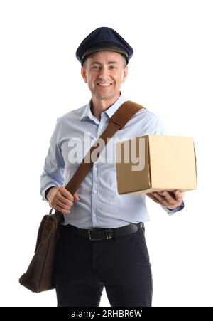 Mature postman on white background Stock Photo - Alamy