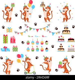 Cartoon Birthday tigers set on white background Stock Vector Image ...