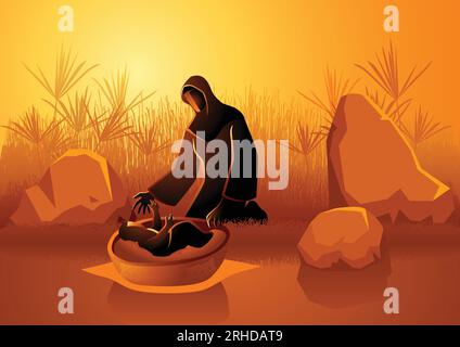 Illustration of Moses as a baby in a basket floating along the Nile ...