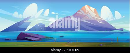 Mountain landscape seen across sea bay. Vector cartoon illustration of ...