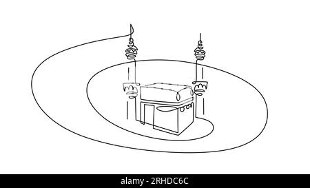 One line drawing of kaaba mosque and desert isolated on white ...