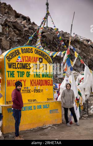 India, Ladakh, Khardung La, visitors at 5620m pass on world’s highest ...