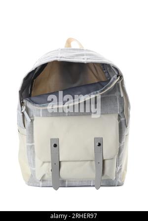 Open school backpack isolated on white background Stock Photo - Alamy