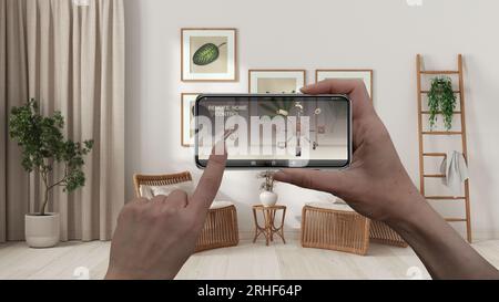 smart phone with smart home with modern living room Stock Photo - Alamy
