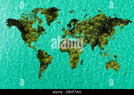 World map made up of various detailed trees on solid white background ...