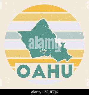 Oahu striped retro travel sticker. Badge with map of island, vector ...