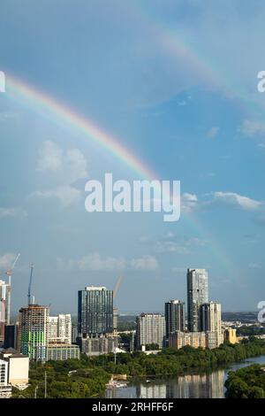 Rainbow over Austin Skyline and Rainey Street district of Austin, Texas ...