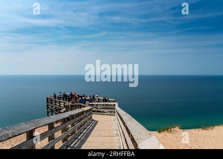 Hikers at Sleeping Bear Overlook along Pierce Stocking Scenic Drive in Sleeping Bear National ...