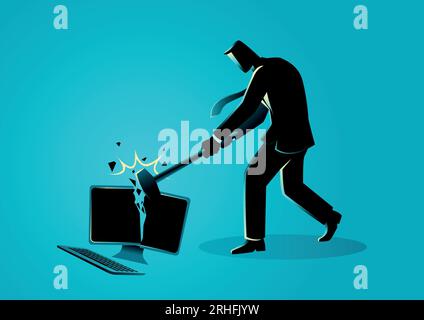 Businessman destroying desktop computer with sledge hammer, vector ...