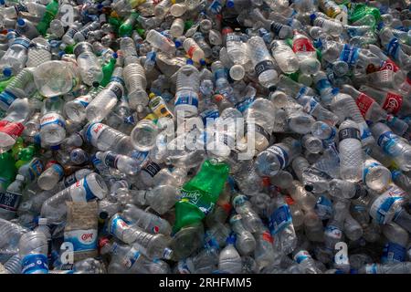 Different types of plastic bottles gathered for recycling in Dhaka ...