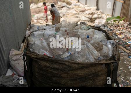 Different types of plastic bottles gathered for recycling in Dhaka ...