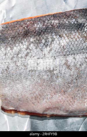 metallic silver Salmon fish skin, scales ready to bake, cook on ...