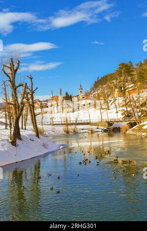View of Pivka river park on nice winter day.It is a karst lost river in ...