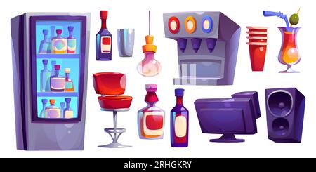Bar furniture and stuff isolated set. Wooden desk with beer taps, high ...