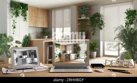 Architect designer desktop concept, laptop on wooden work desk with ...