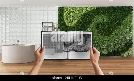 Hands holding notepad with minimal bathroom design blueprint sketch or ...