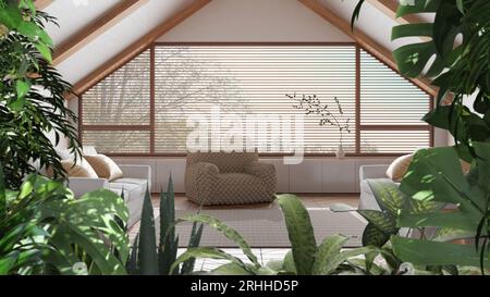 A close-up of a panoramic attic window of a modern house, triangular ...